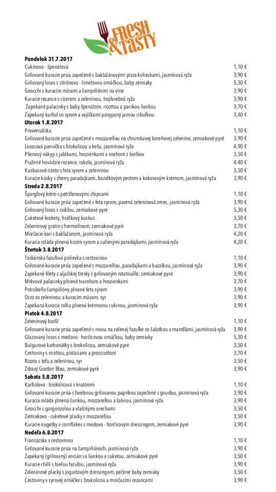 Menu at Fresh & Tasty restaurant, Žilina