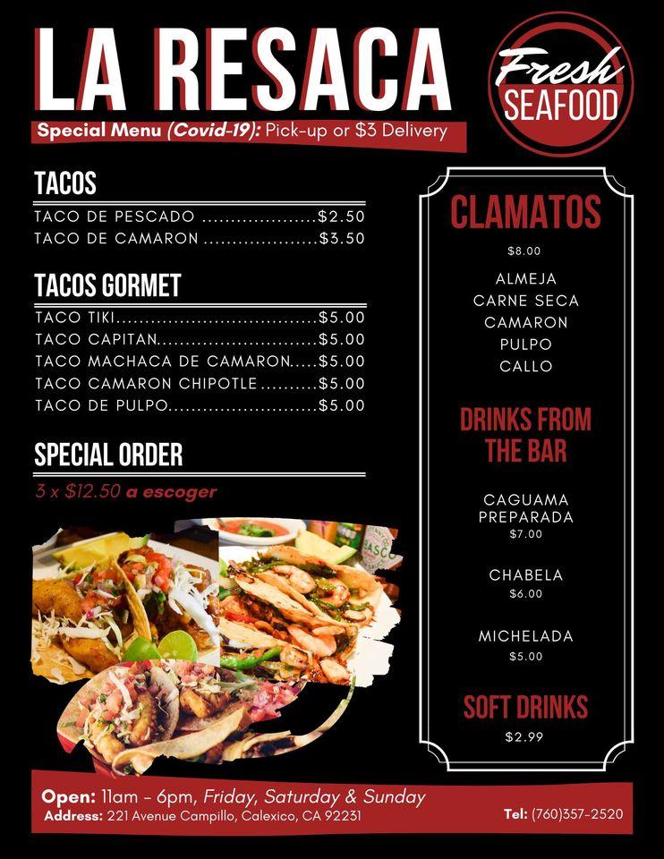 Carta del pub y bar La Resaca, Calexico, 221 Avenue Campillo