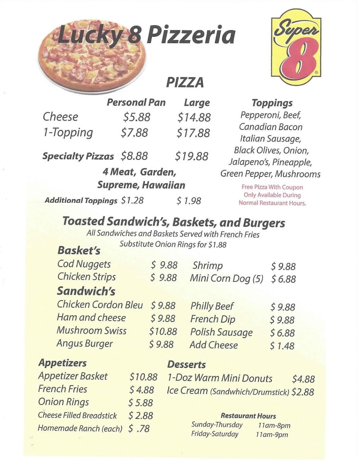 Menu at Lucky 8 Pizzeria, Deadwood