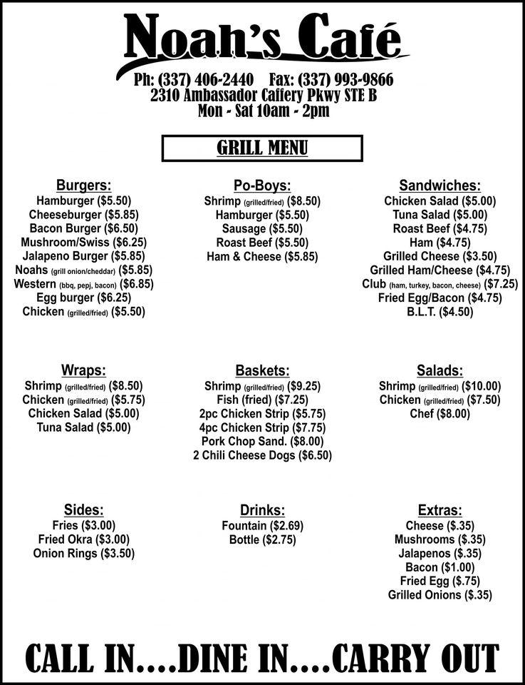 Menu at Noah's Cafe, Lafayette