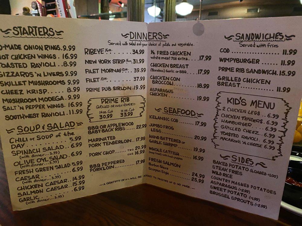 Menu at Popeye's Chop House steakhouse, USA