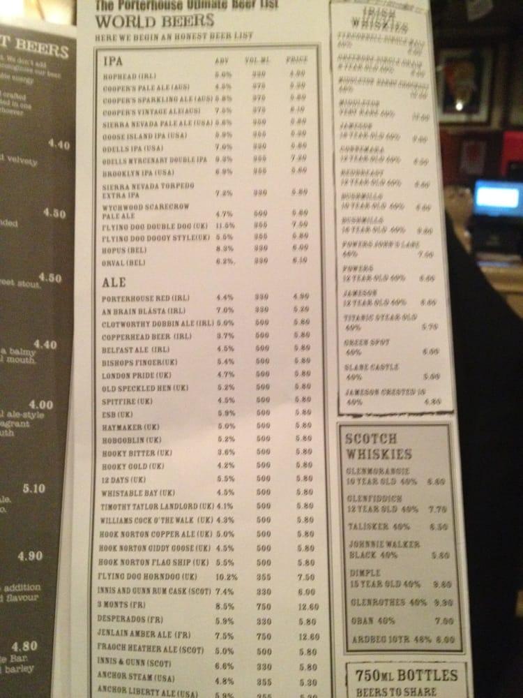 Menu at The Porterhouse Central pub & bar, Dublin