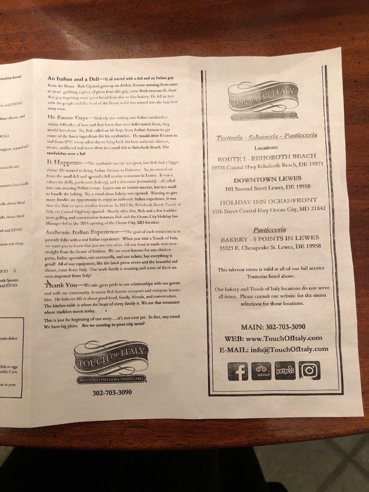 Carta del restaurante Touch of Italy, Ocean City