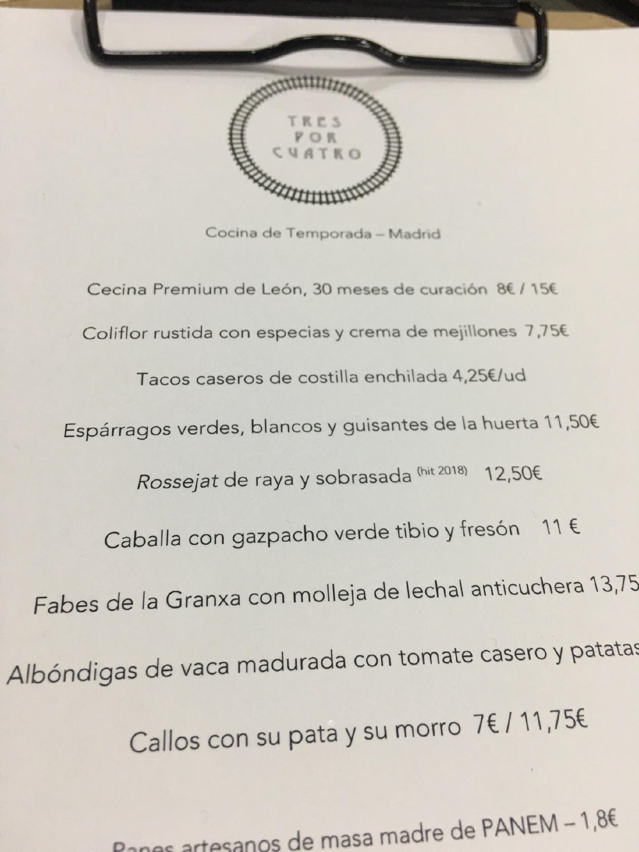 Carta del restaurante Tres por Cuatro, Madrid, C. del Montesa