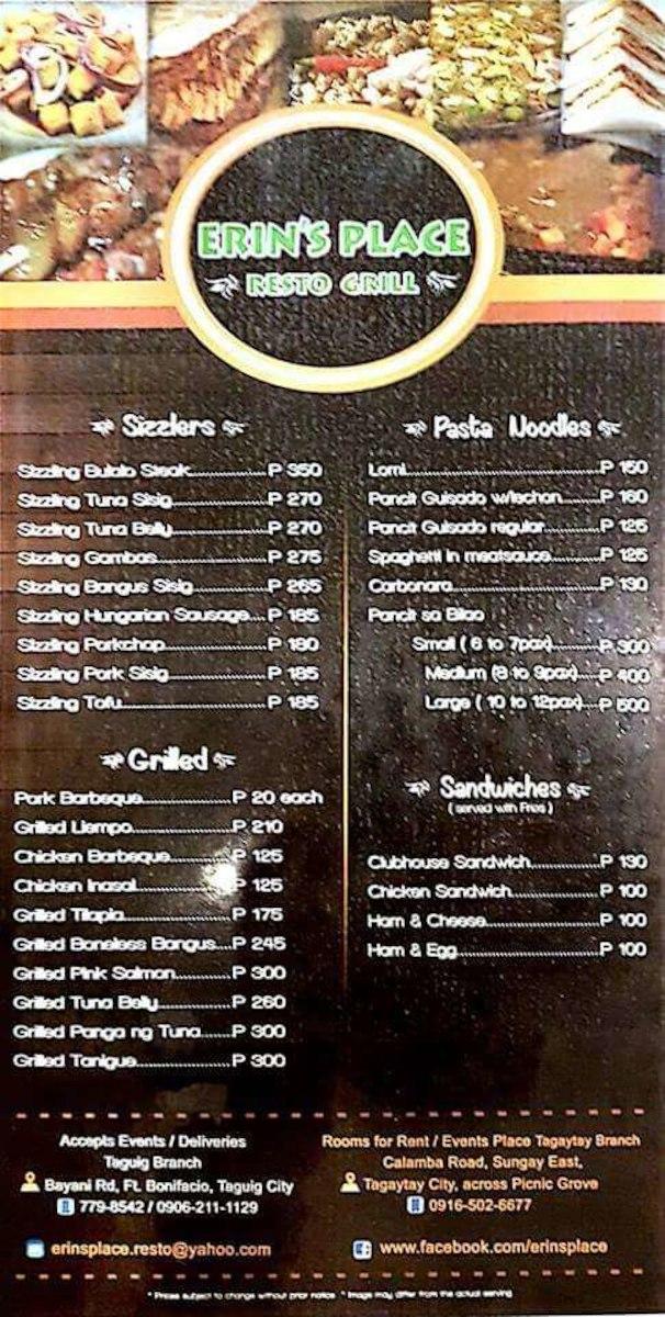 Menu at Erin's Place, Taguig