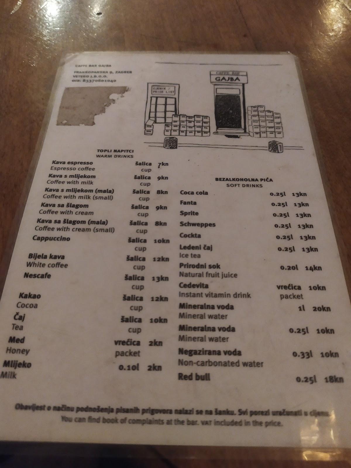 Menu at Caffe bar Gajba, Zagreb, Frankopanska ul. 9