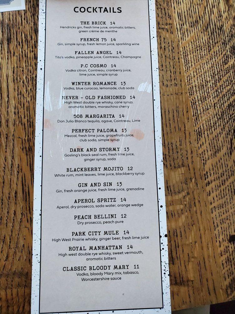 Menu at The Brick Restaurant and Bar, Park City