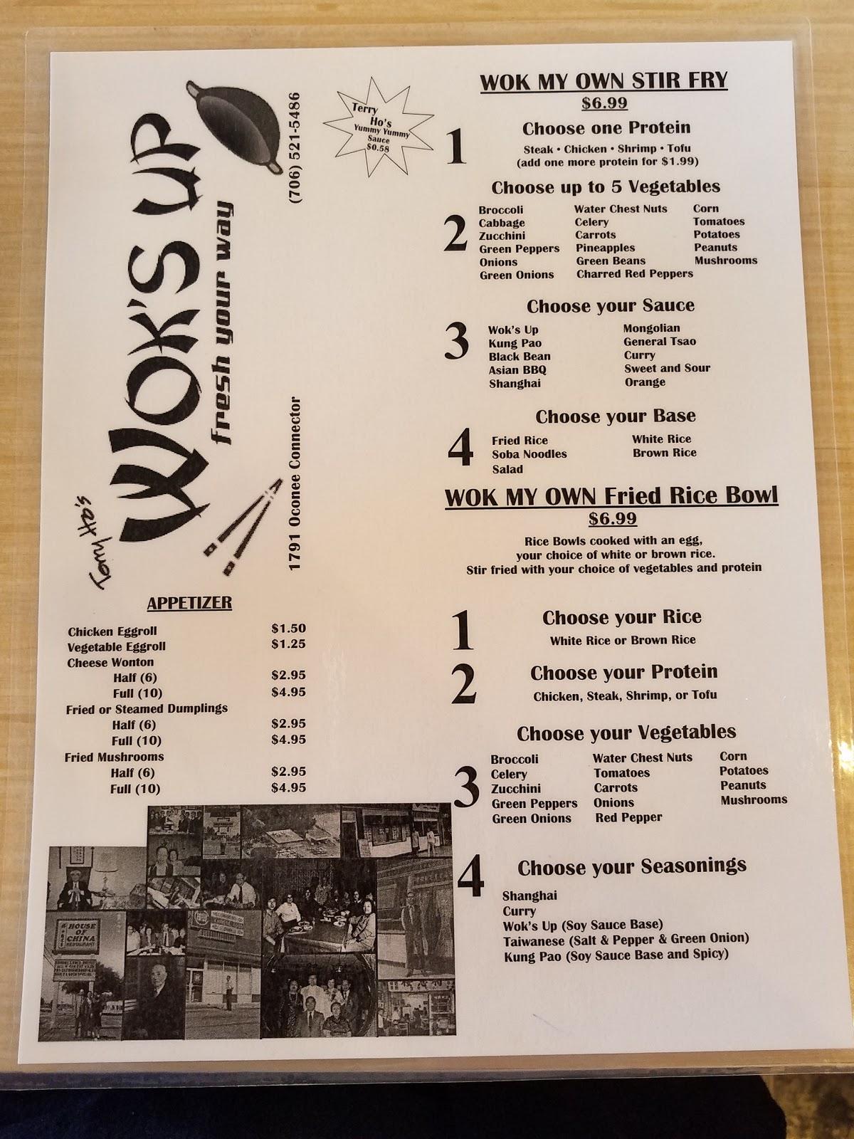 Menu at Wok's Up restaurant, Athens, Oconee Connector #470