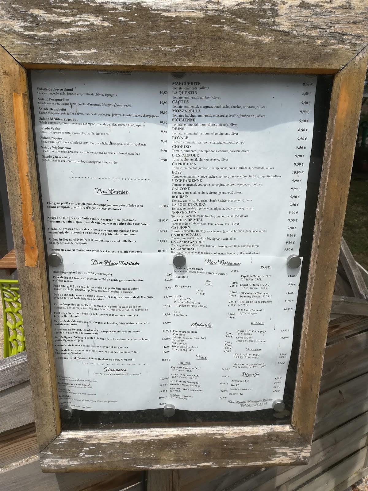 Menu au Chez Quentin restaurant, Nogaro