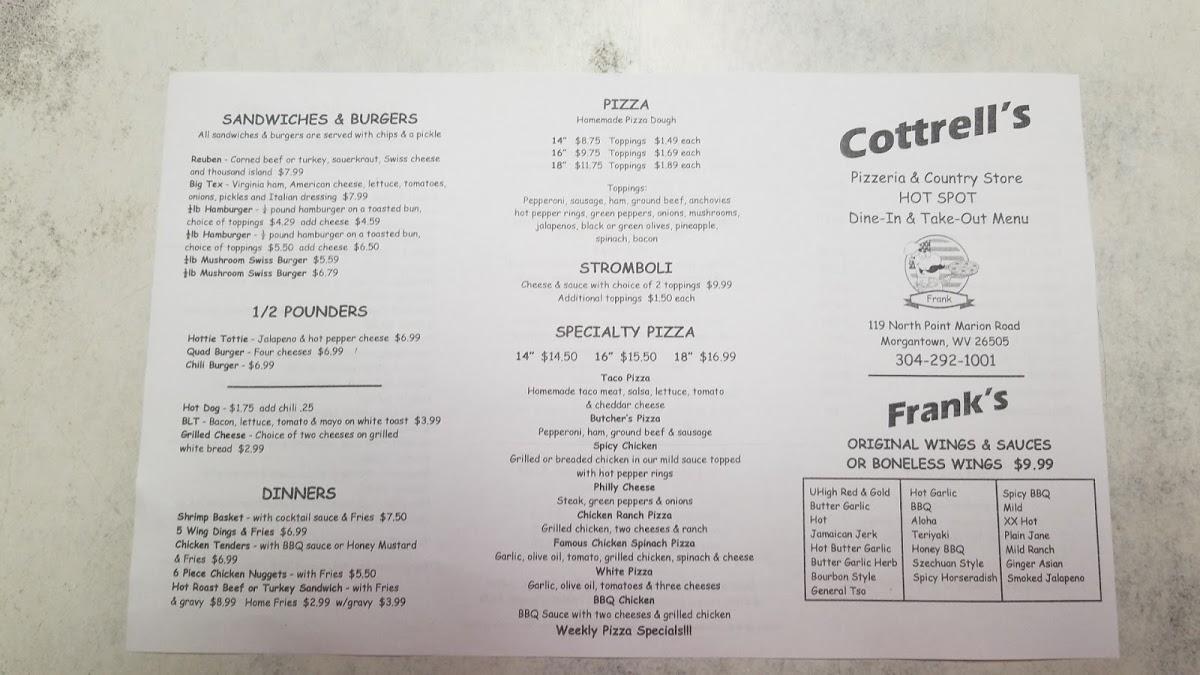 Menu at Cottrell's Country Store pizzeria, Morgantown
