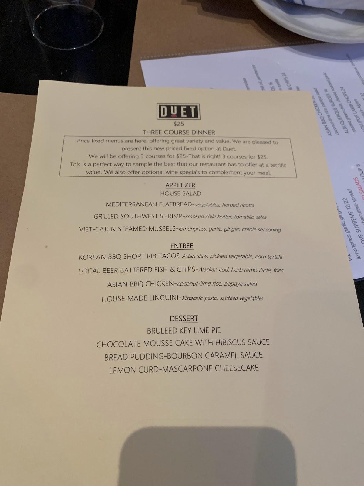 Menu at Duet pub & bar, Tulsa