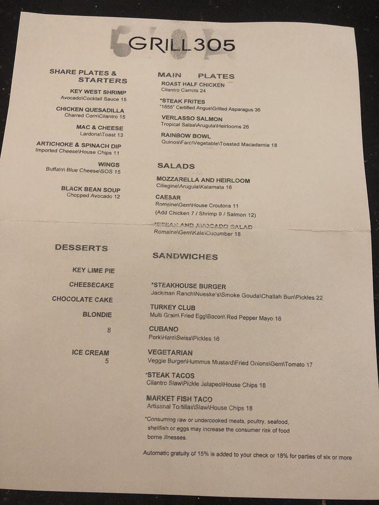 Menu at Grill 305 pub & bar, Miami