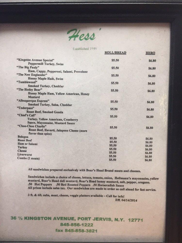 Menu at Hess' restaurant, Port Jervis
