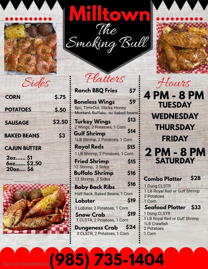 Menu at Mill Town BBQ "The Smoking Bull", Bogalusa
