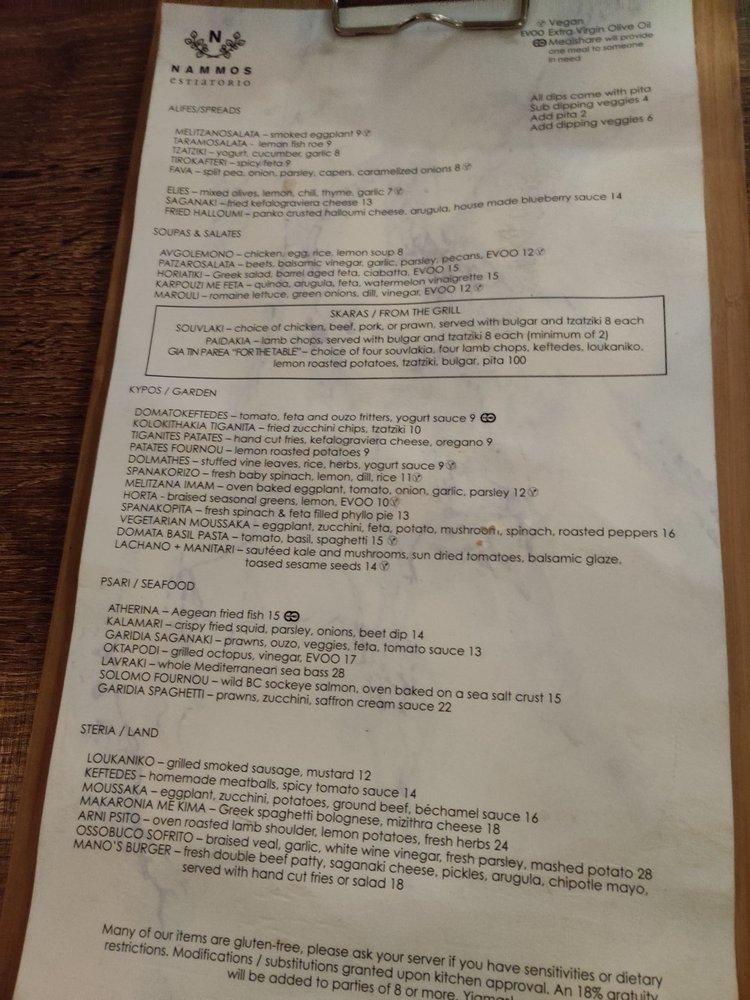Menu at Nammos Estiatorio restaurant, Vancouver