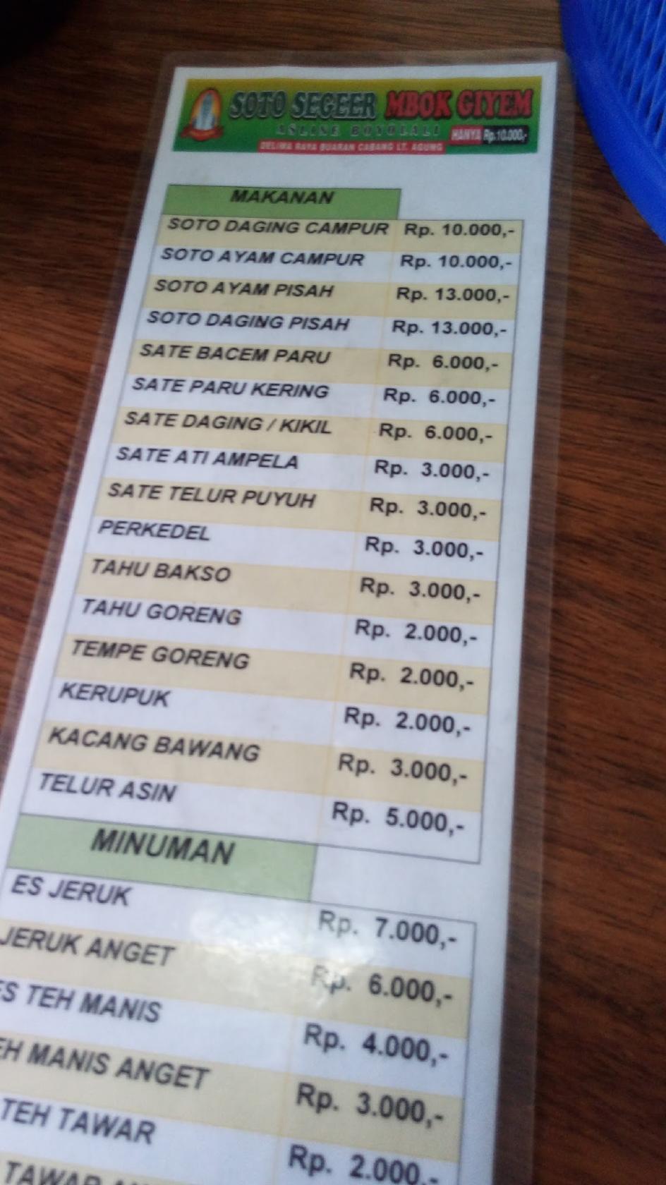 Menu at Soto Seger Bening Hj. Tjipti restaurant, East Jakarta, Jl ...