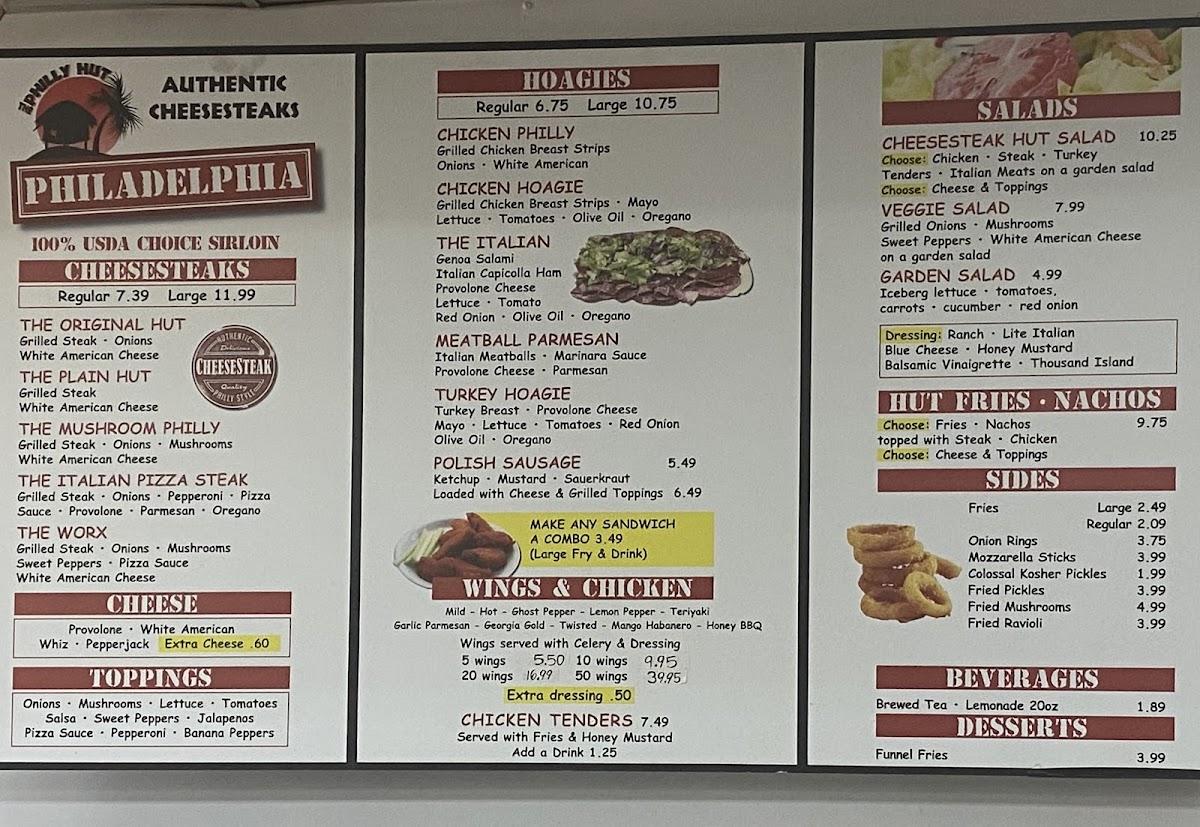 Menu at The Philly Hut restaurant, USA