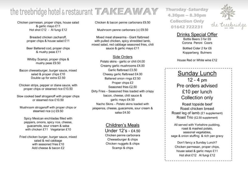 Menu at The Treebridge Hotel pub & bar, Middlesbrough