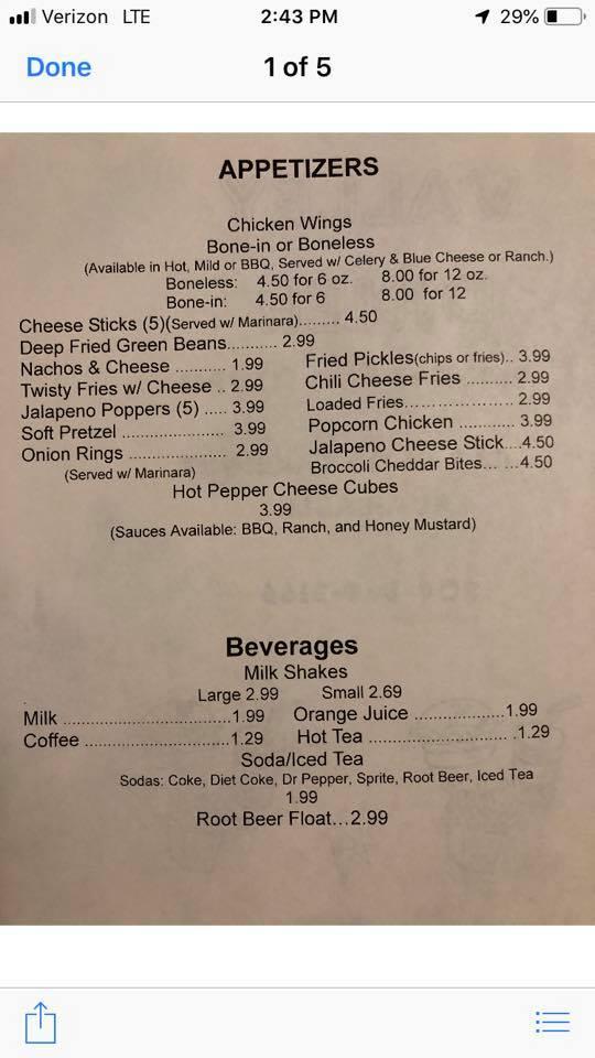 Menu at Valley Diner restaurant, Pine Grove, State Hwy 20