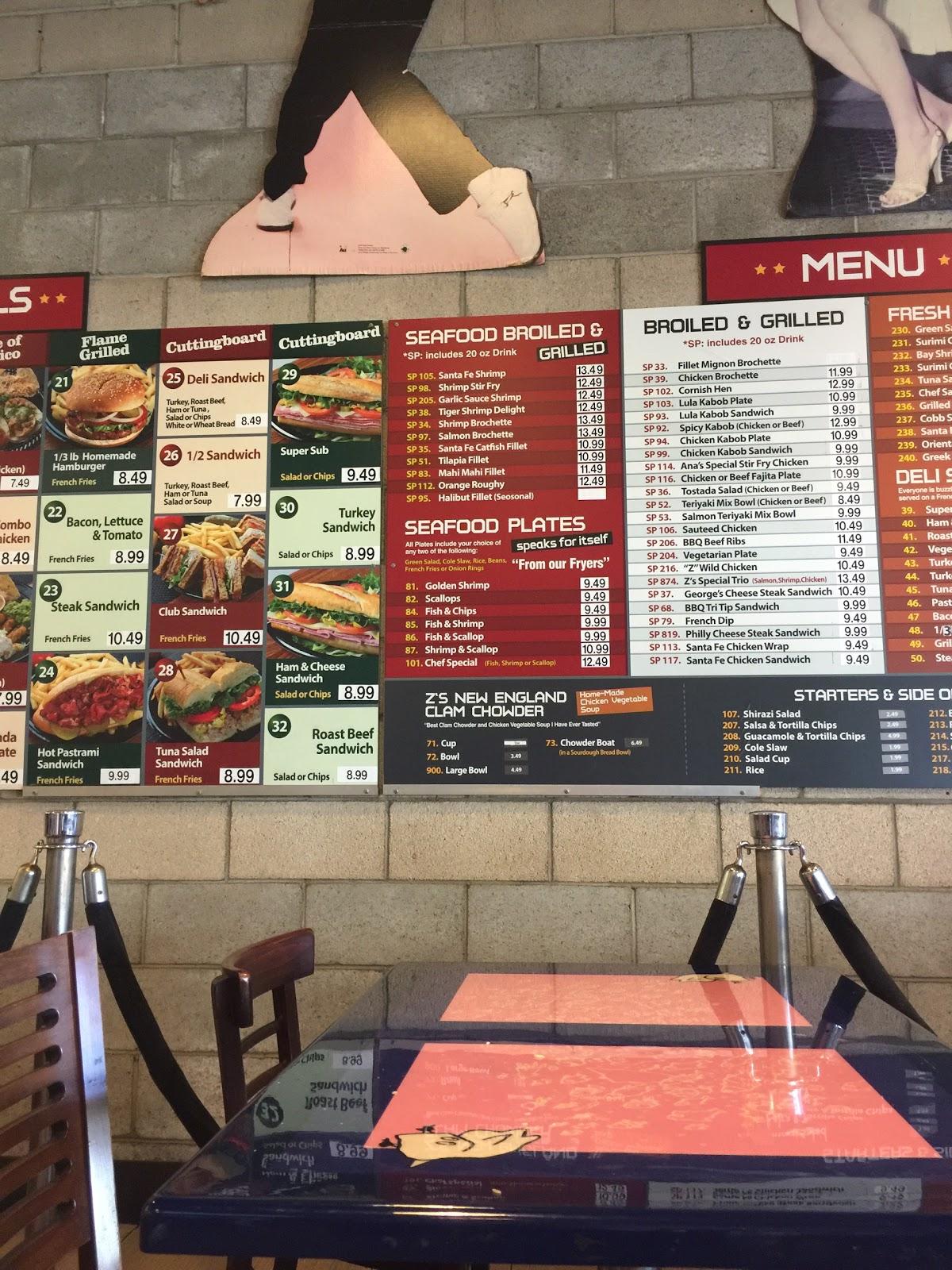 Menu at Z's Place restaurant, Vernon