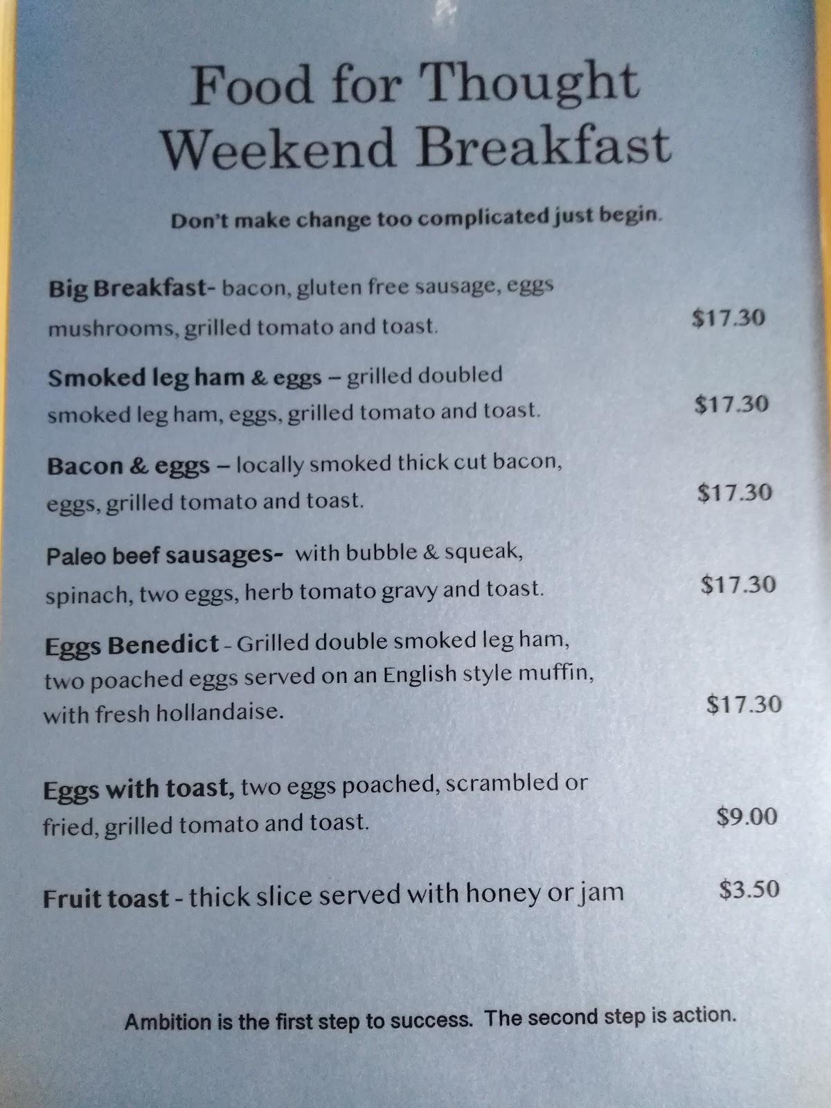 Menu at Food for Thought Cafe, Yeppoon