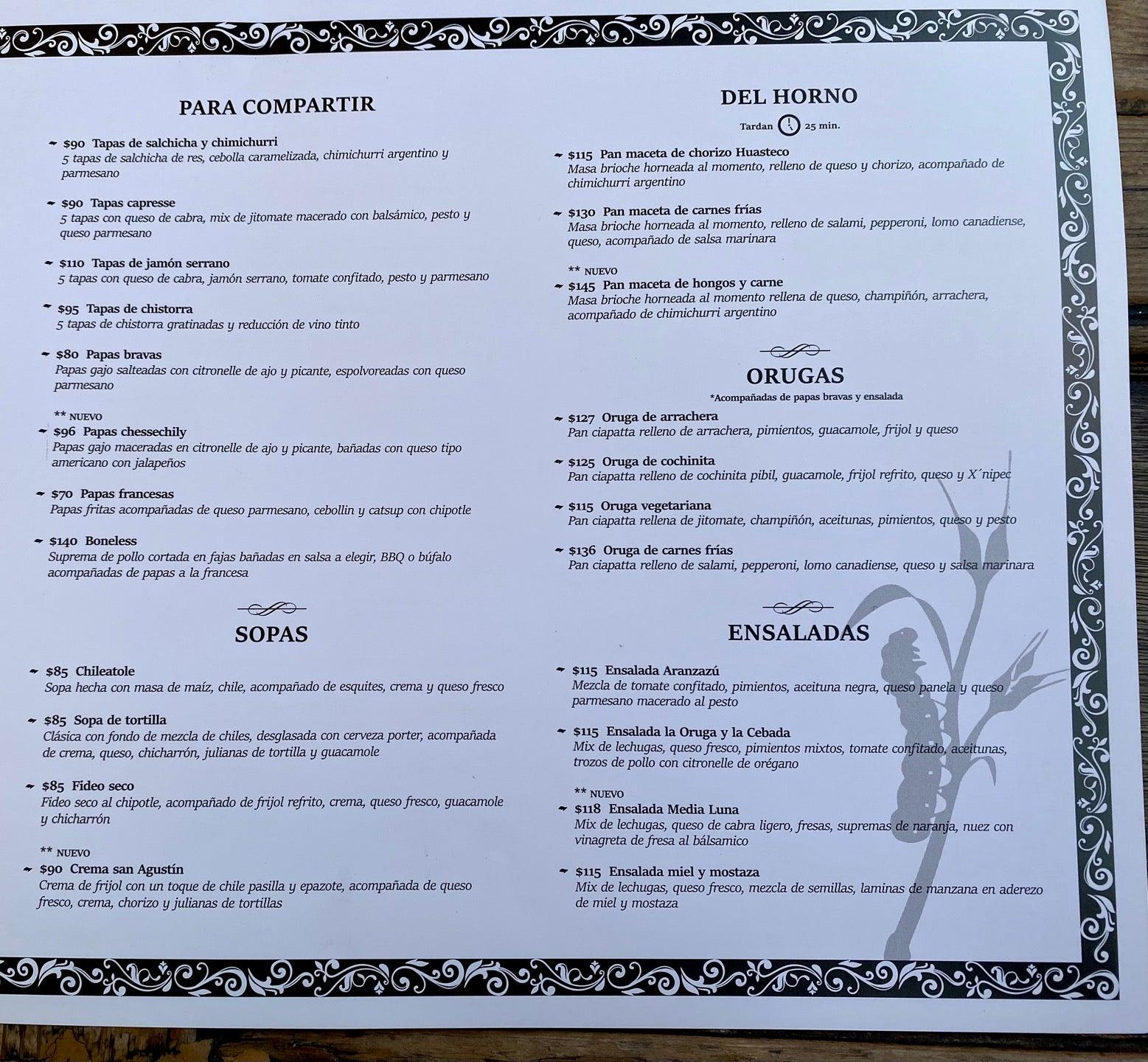 Carta del pub y bar La Oruga y La Cebada, San Luis Potosi, Avenida ...
