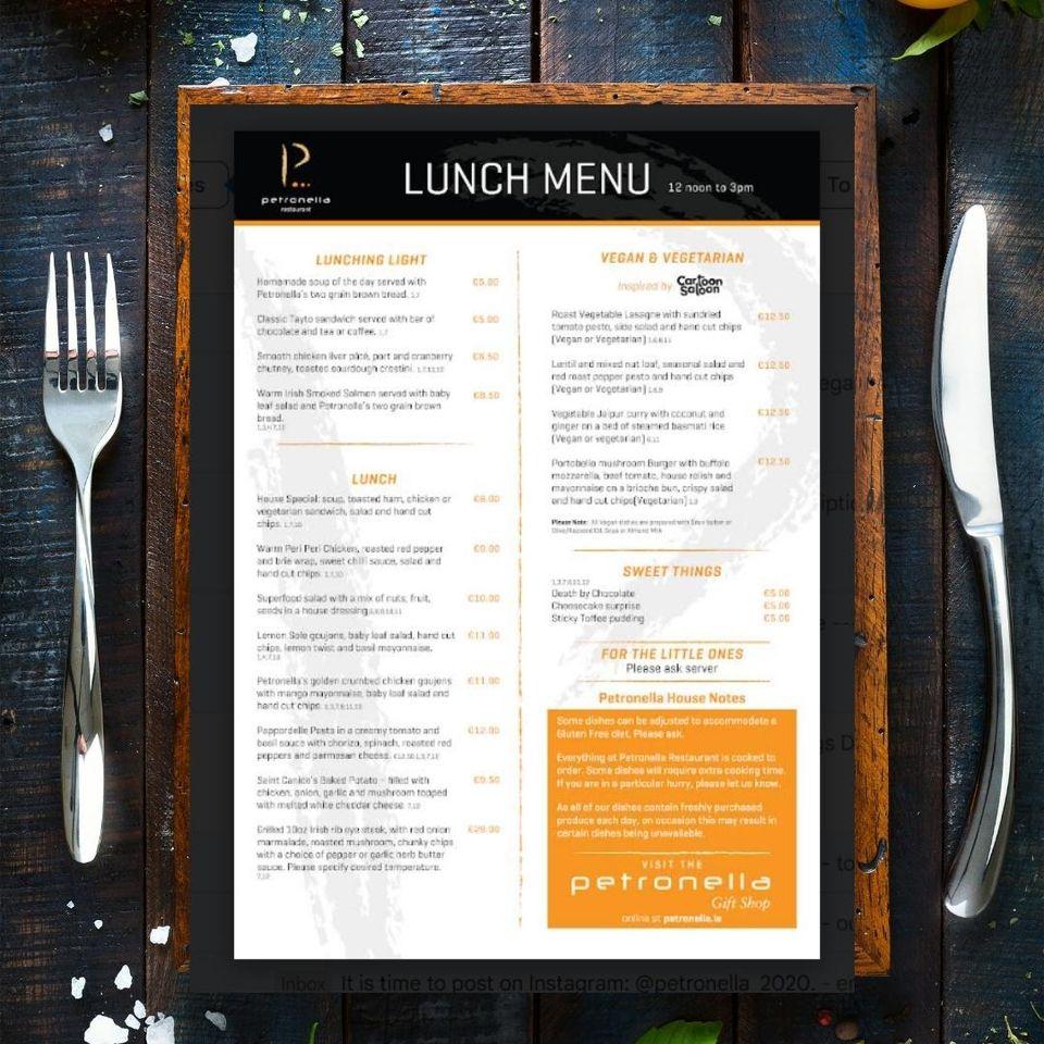 Menu at Petronella restaurant, Kilkenny