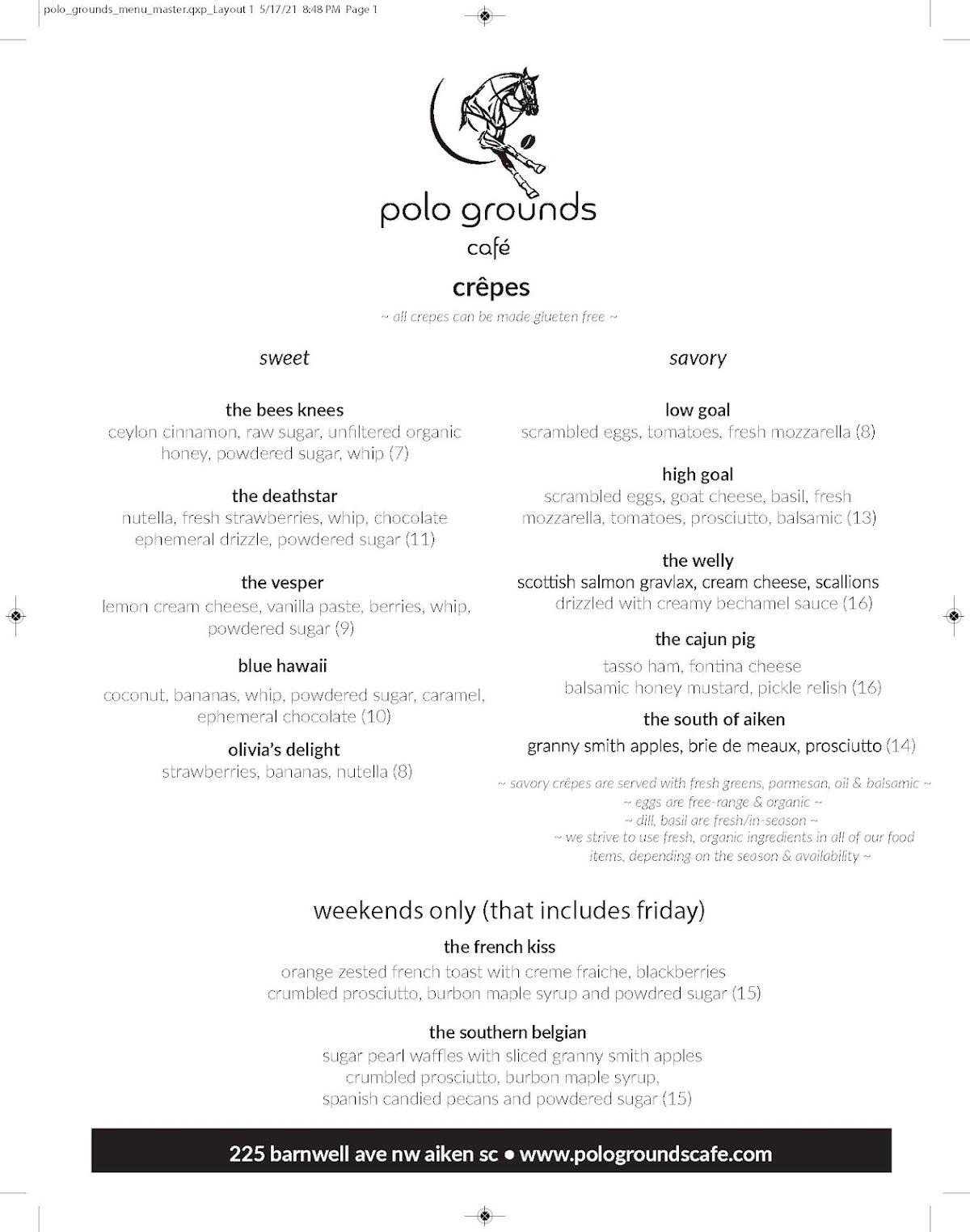 Menu at The Polo Grounds Cafe, Aiken