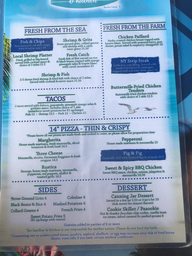 Menu at Sandbar Amelia Island, Fernandina Beach