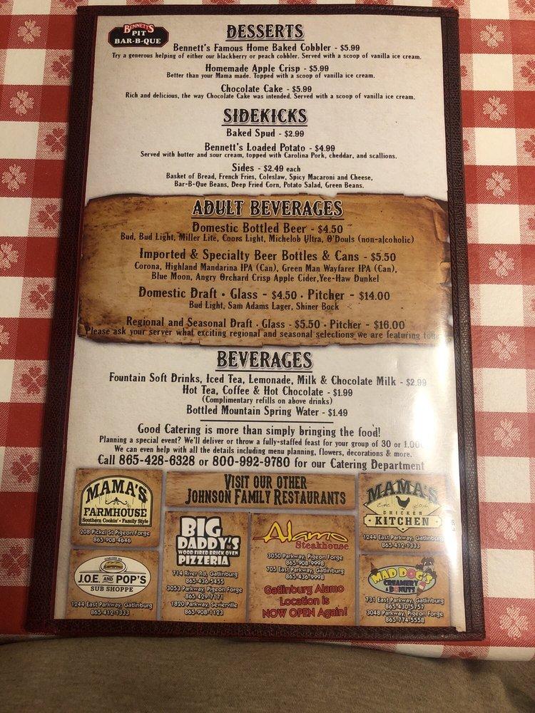 Menu at Bennett's Pit Bar-B-Que, Pigeon Forge, Parkway