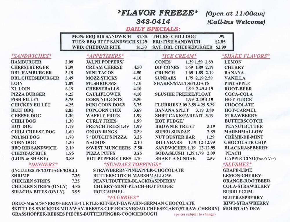 Menu at Flavor Freeze fast food, Galesburg