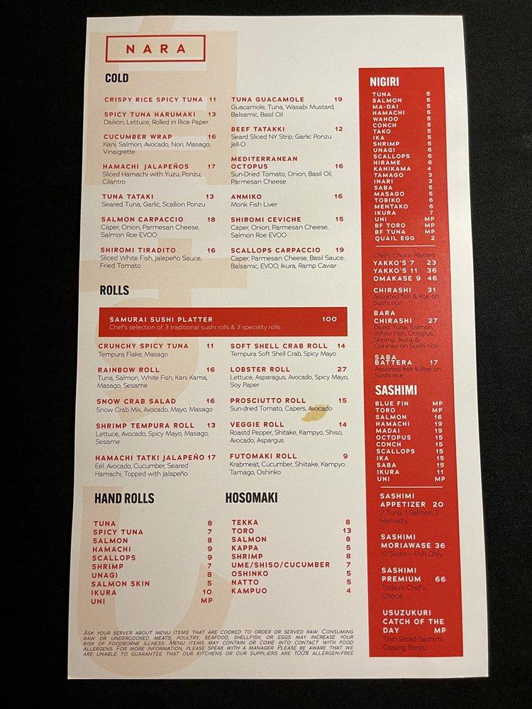 Carta del restaurante Nara Sushi, North Miami Beach