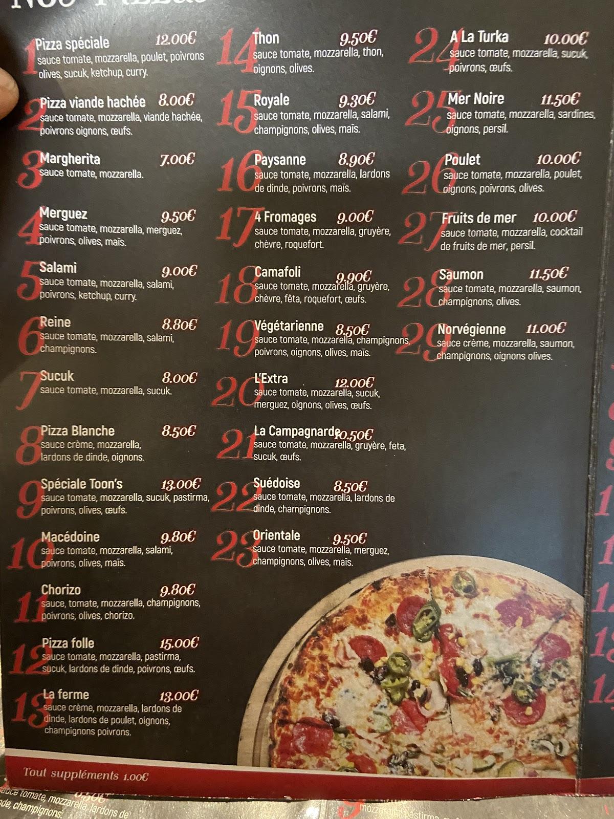 Menu au Pizza toon’s restaurant, Niederbronn-les-Bains