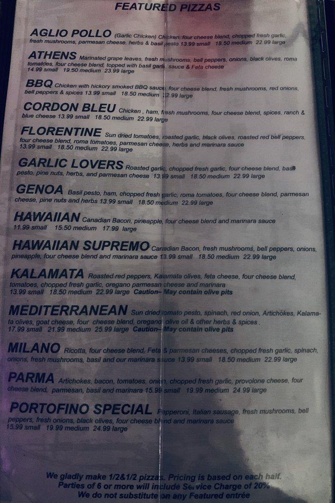 Menu at Pizzeria Portofino, Eastsound