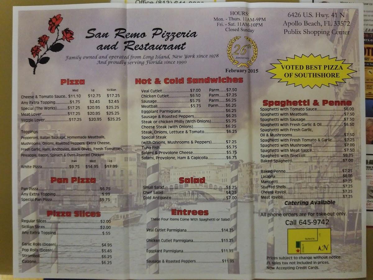 Menu at San REMO Pizza Restaurant, Apollo Beach