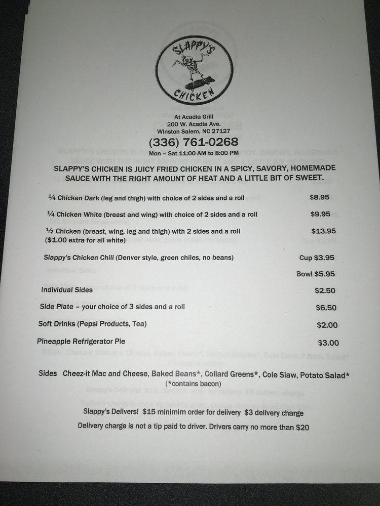 Menu at Slappy's Chicken restaurant, Winston-Salem