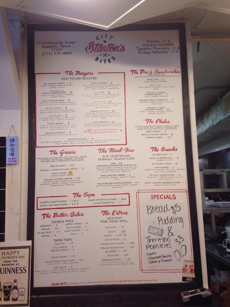 Menu at Stanton's City Bites restaurant, Houston