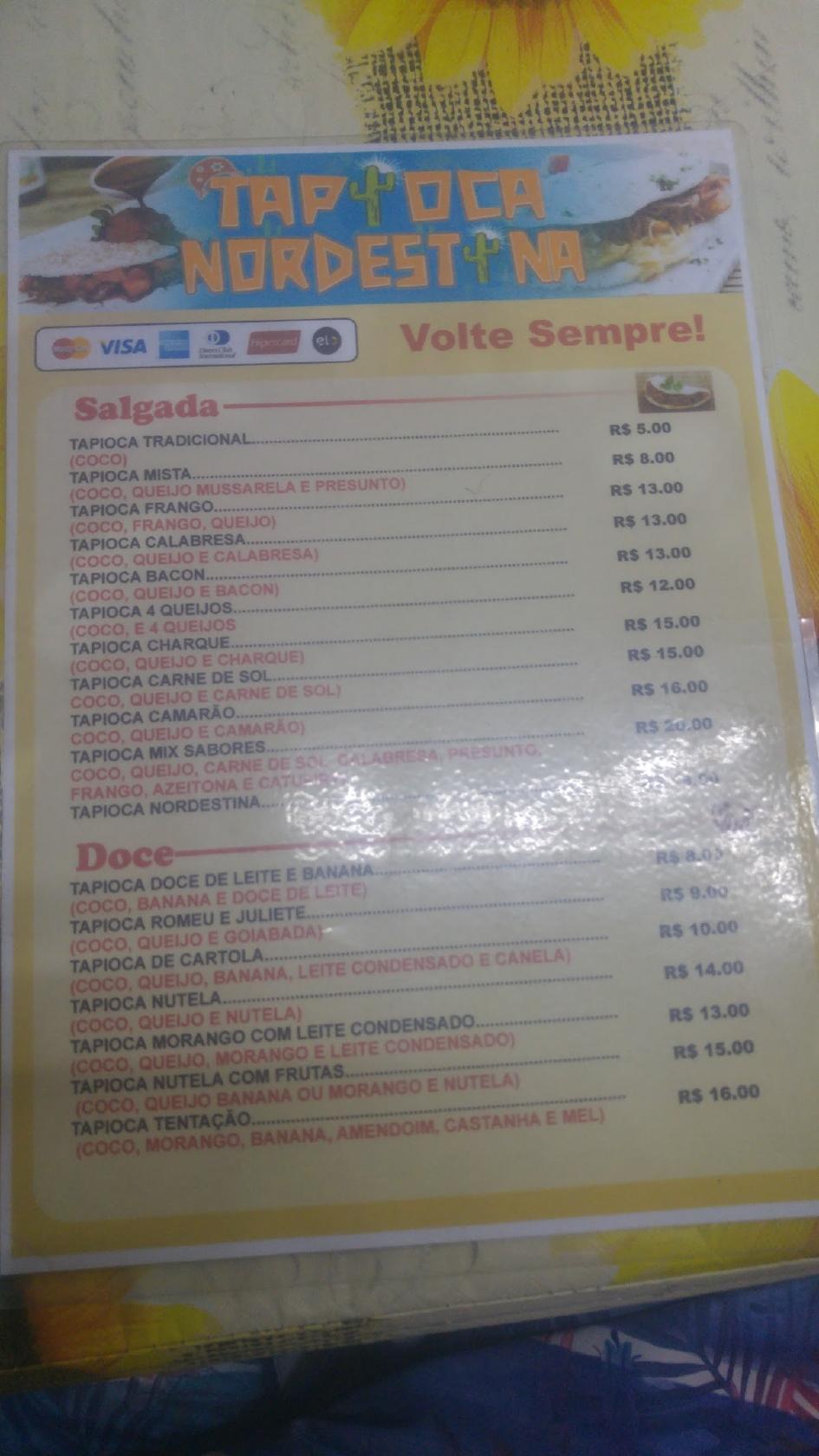 Menu at Tapioca nordestina restaurant, Maceió, R. São João
