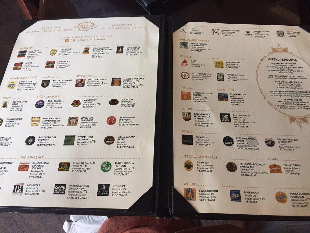 Menu at The Chatsworth Pub and Tea Room, St. Augustine