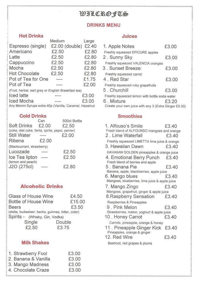 Menu at Wilcrofts Cafe, Bury Saint Edmunds