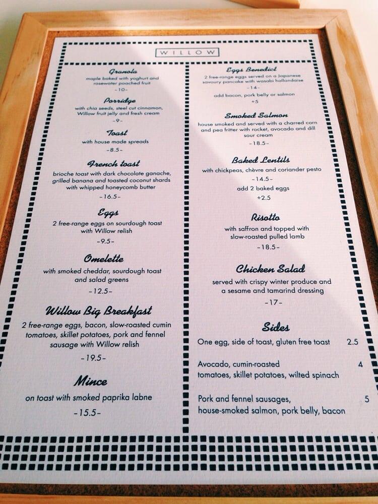 Menu at Willow Cafe, Auckland
