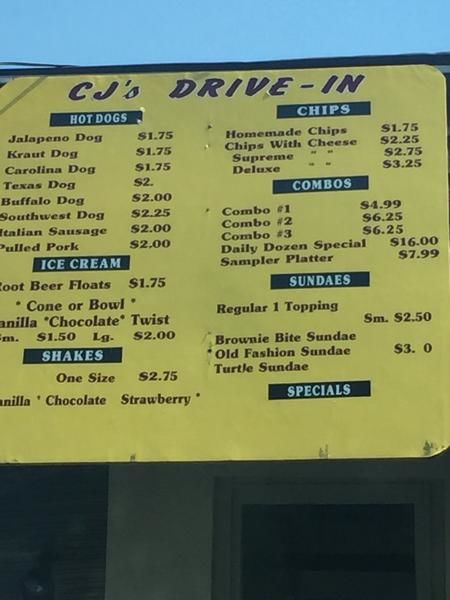 Menu at CJ's Drive in restaurant, Columbia City