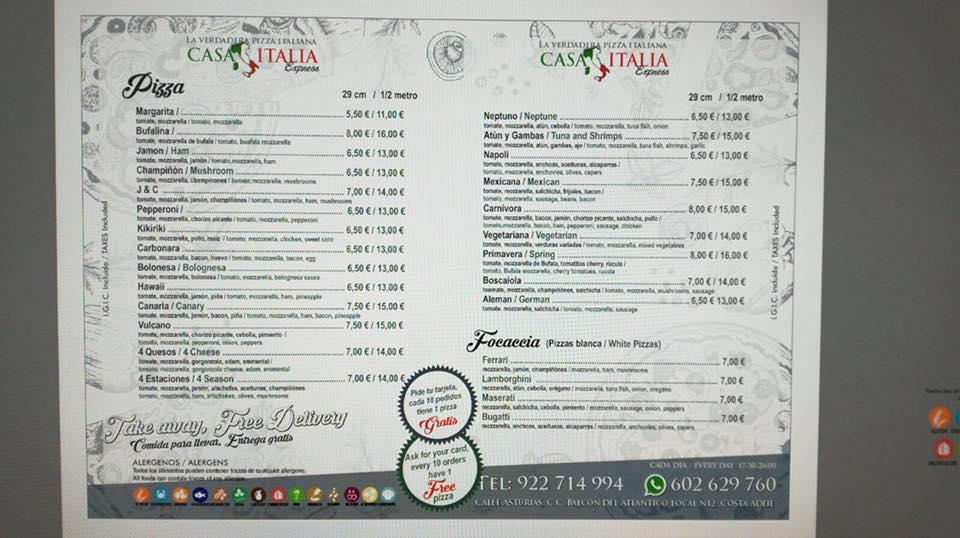 Menu at Casa Italia Express pizzeria, Adeje, Calle Asturias