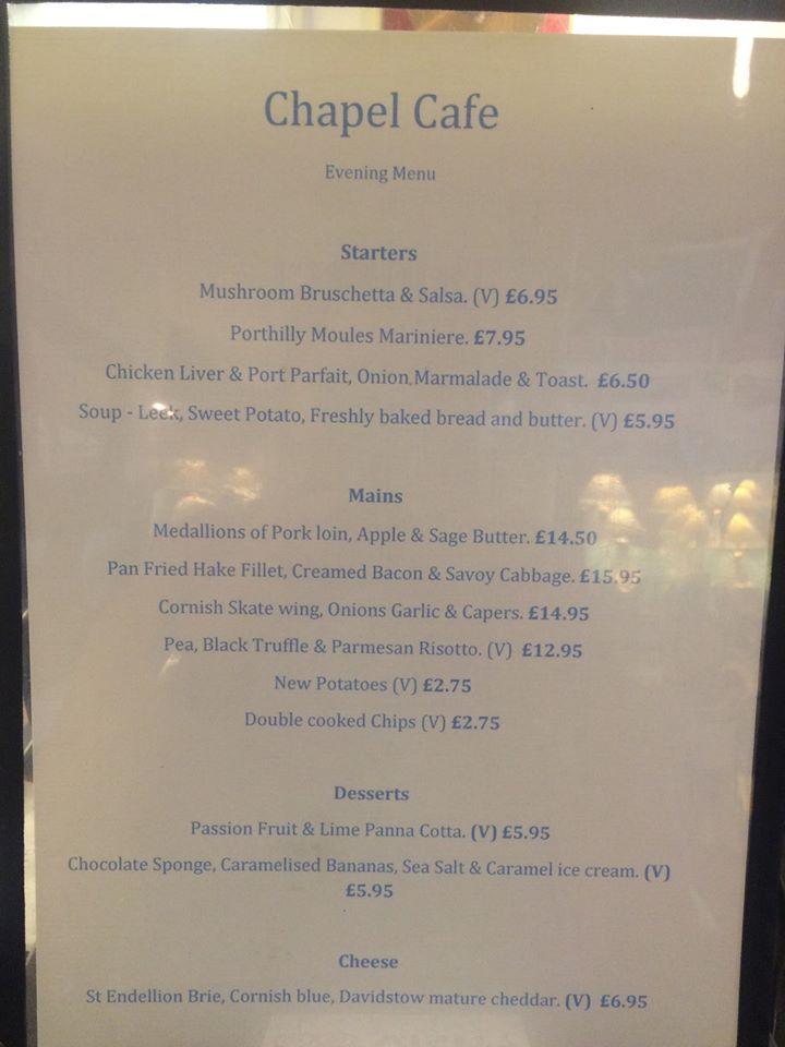 Menu at The Chapel Café cafe, Port Isaac
