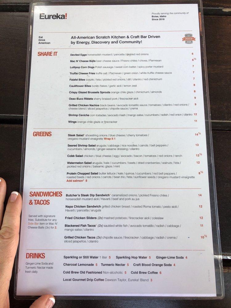 Menu at Eureka! restaurant, Boise