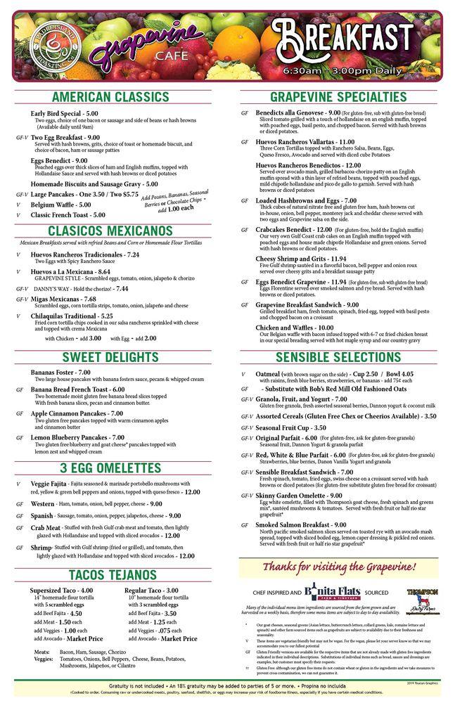 Menu at Grapevine Cafe, South Padre Island