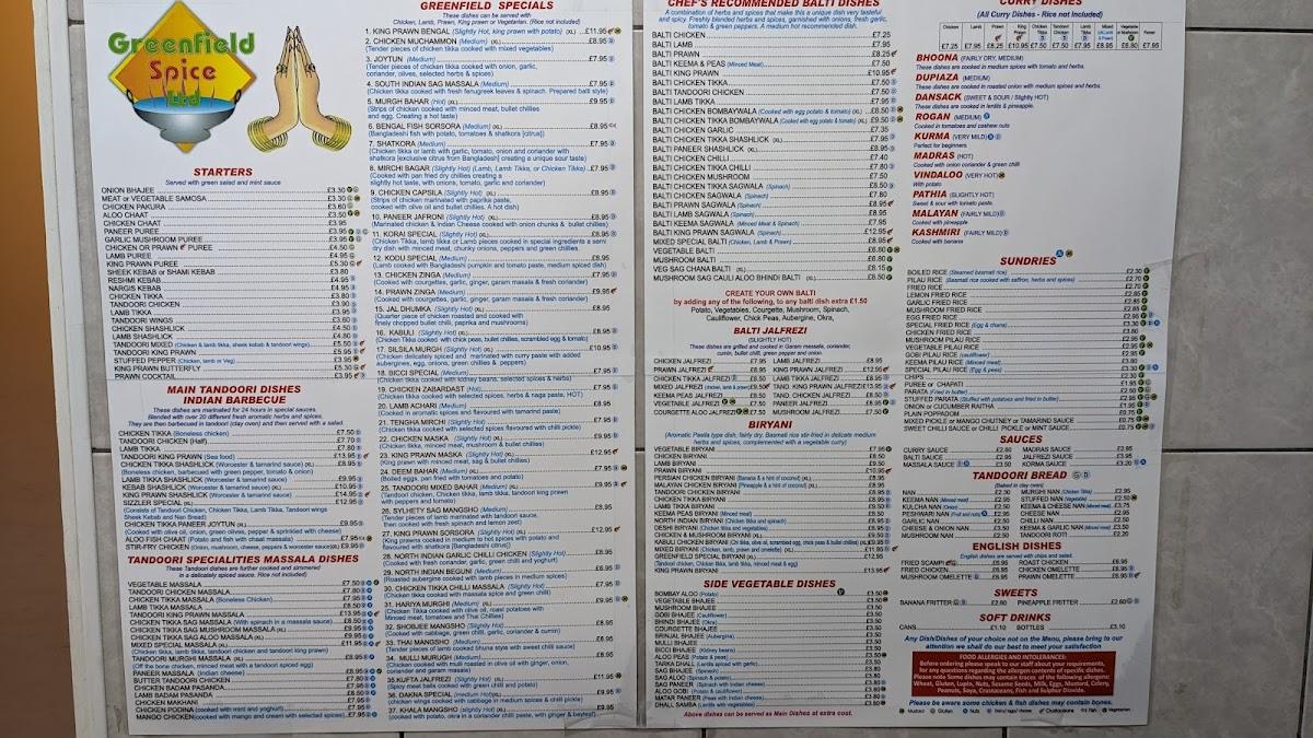 Menu at Greenfield Spice fast food, Shrewsbury