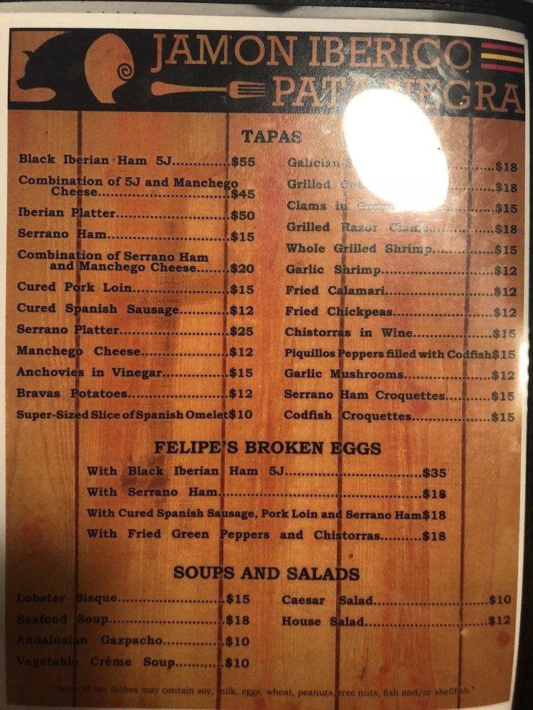 Menu at Jamon Iberico Pata Negra Restaurant, Miami