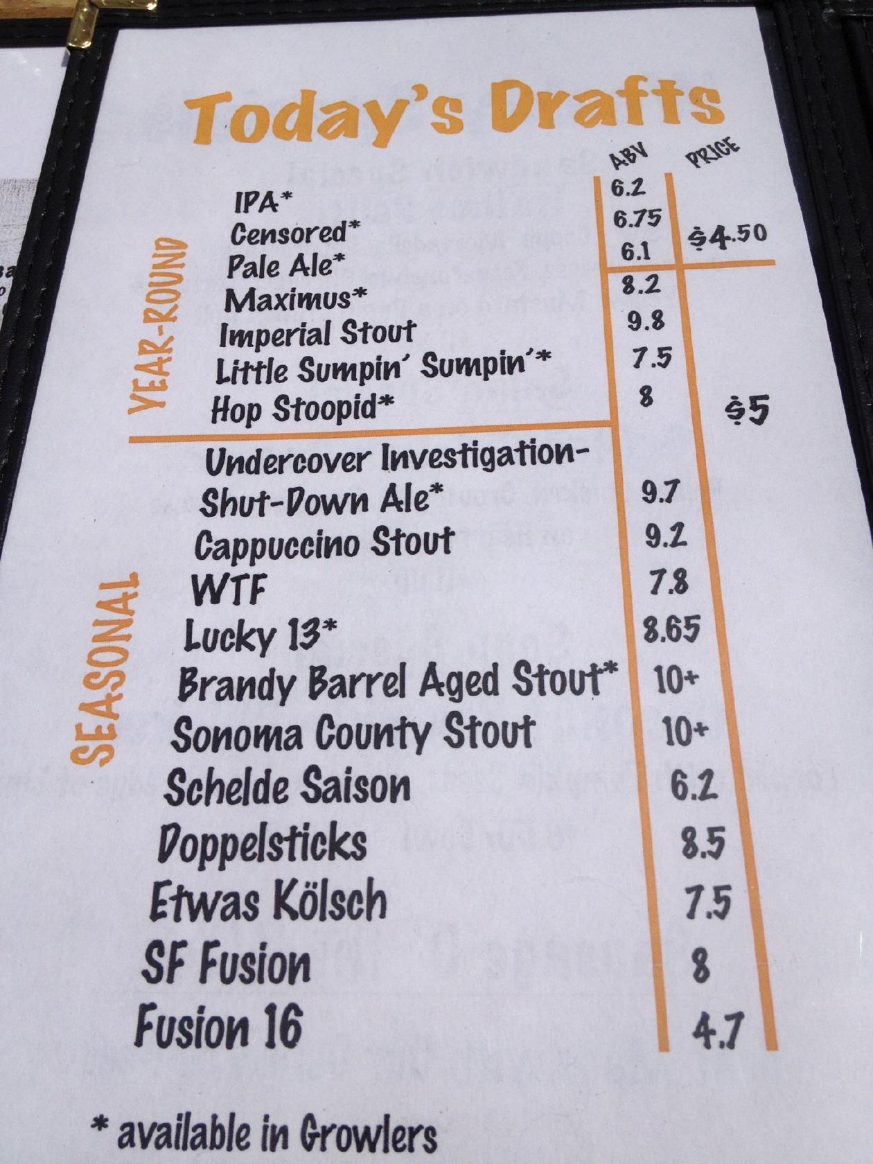 Menu at Lagunitas Brewing Company pub & bar, Petaluma, N McDowell Blvd