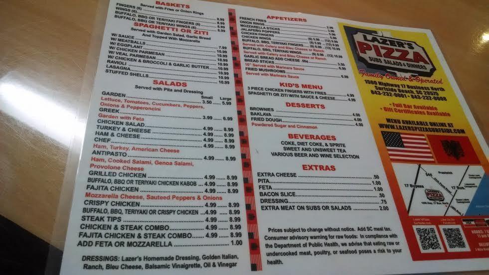 Menu at Lazer's Pizza pizzeria, Surfside Beach